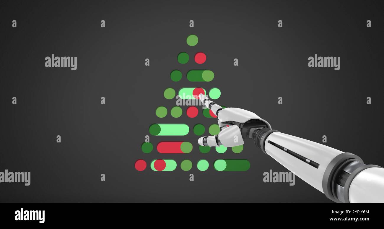 A robotic arm interacts with a digital Christmas tree on a screen. The ...