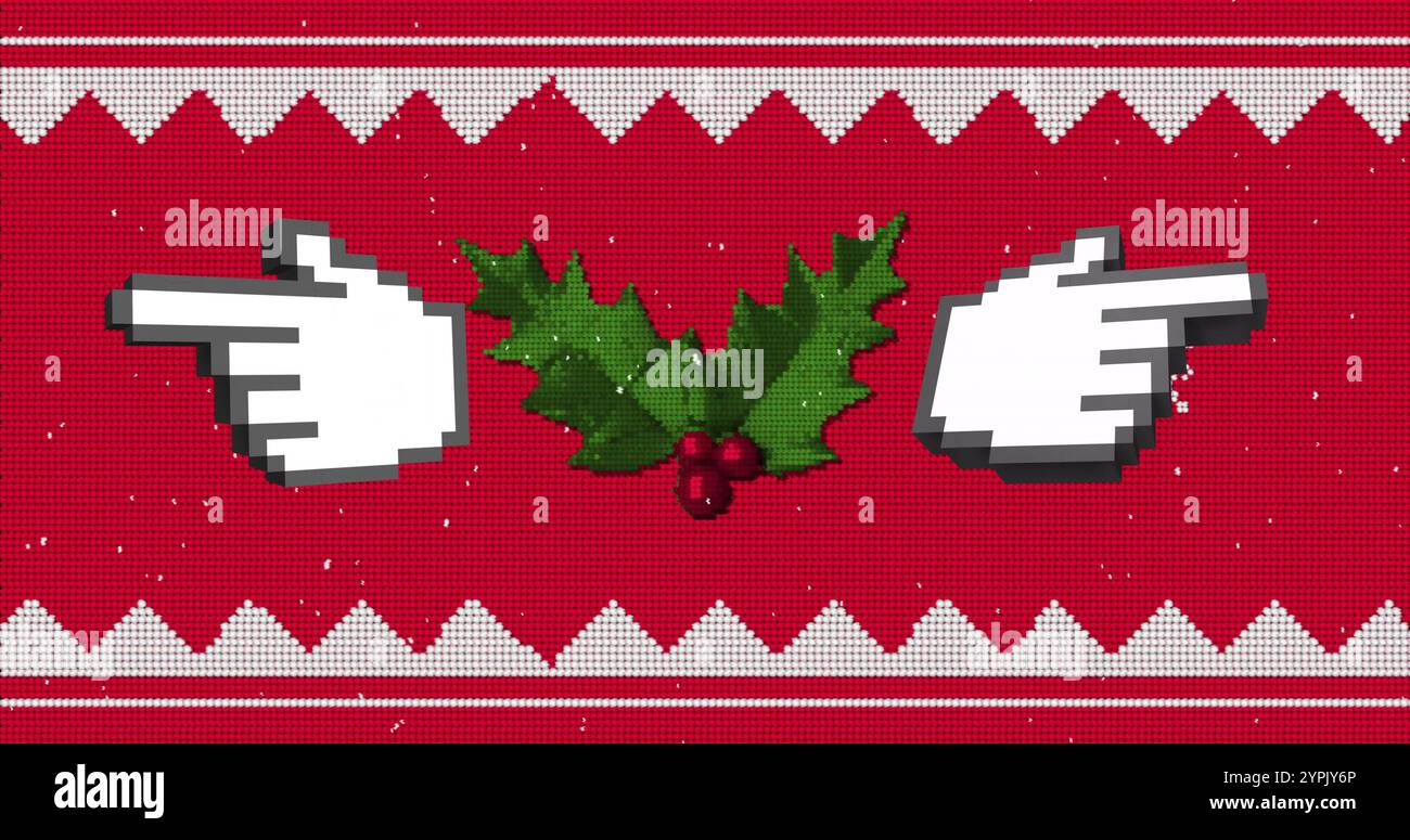 Pixelated hands point to a mistletoe on a festive sweater design Stock ...