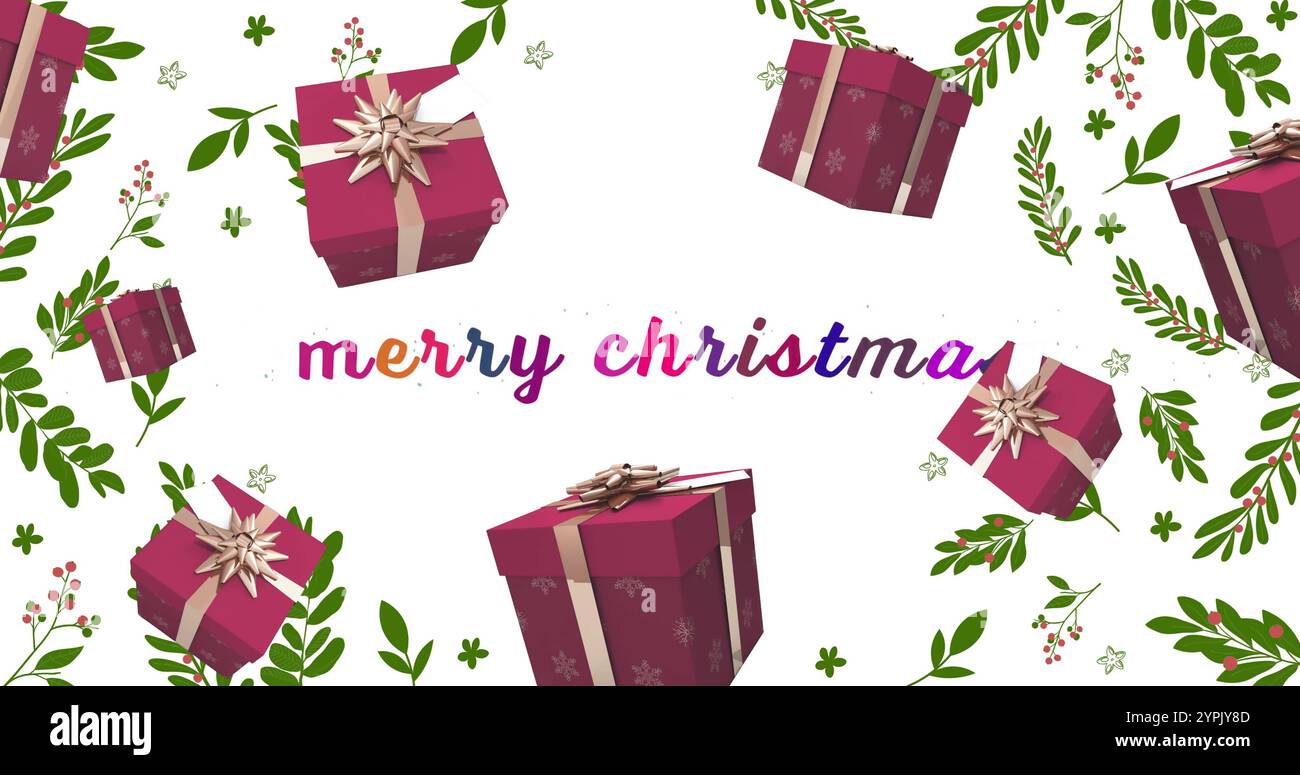 Image of merry christmas text, snow falling over presents Stock Photo ...