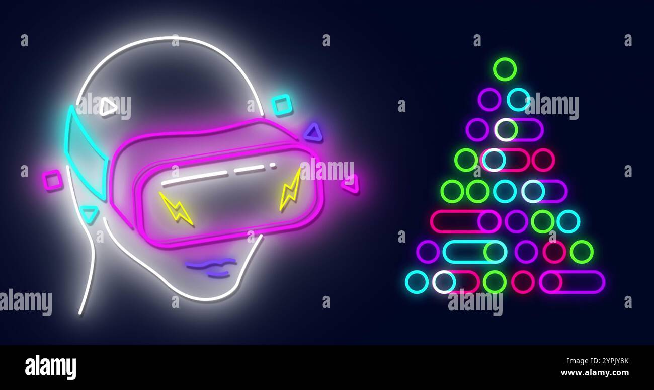 Image of christmas tree and image game neon head on black background ...