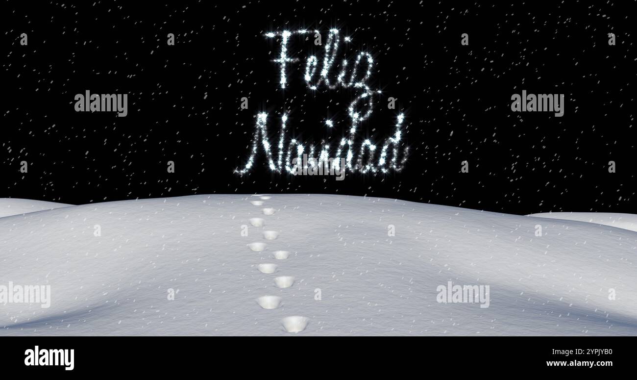 Image of snow falling over feliz navidad text over winter scenery Stock ...