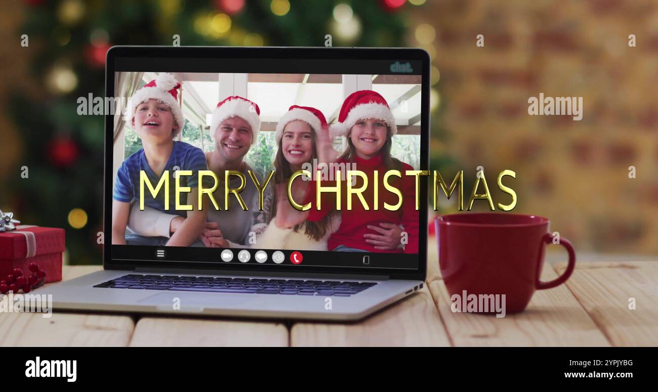 Image of merry christmas text over caucasian family on laptop screen ...