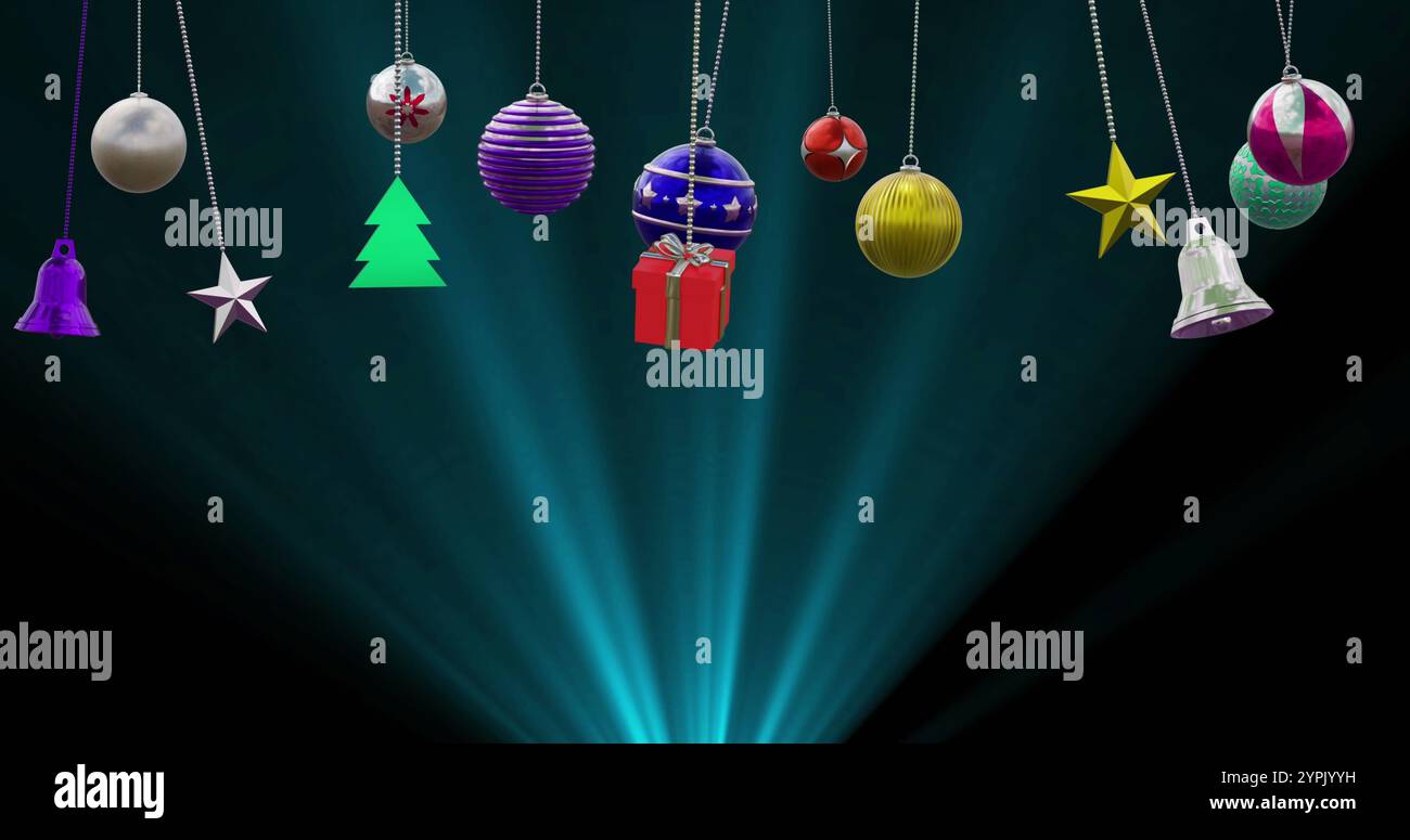 Image of christmas baubles and snow falling on blue background Stock ...