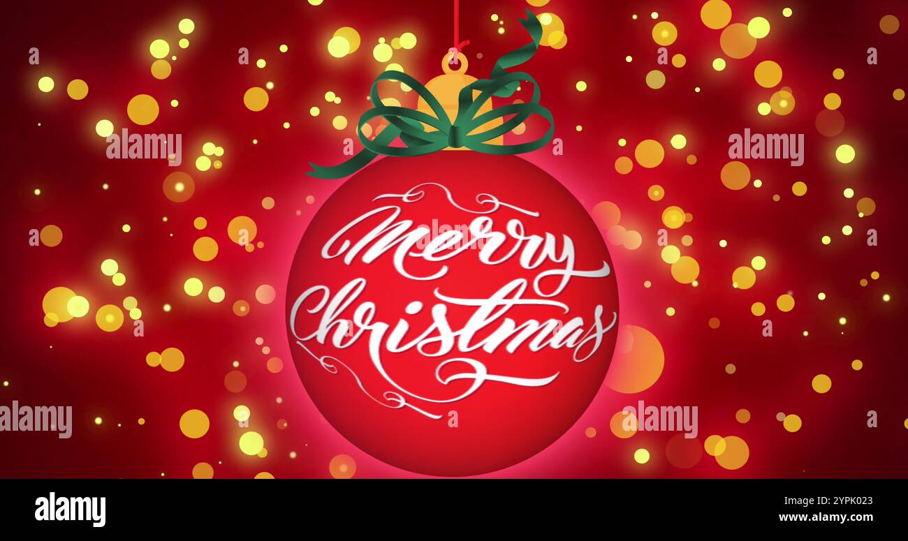 Image of merry christmas text on a bauble over light falling in red ...