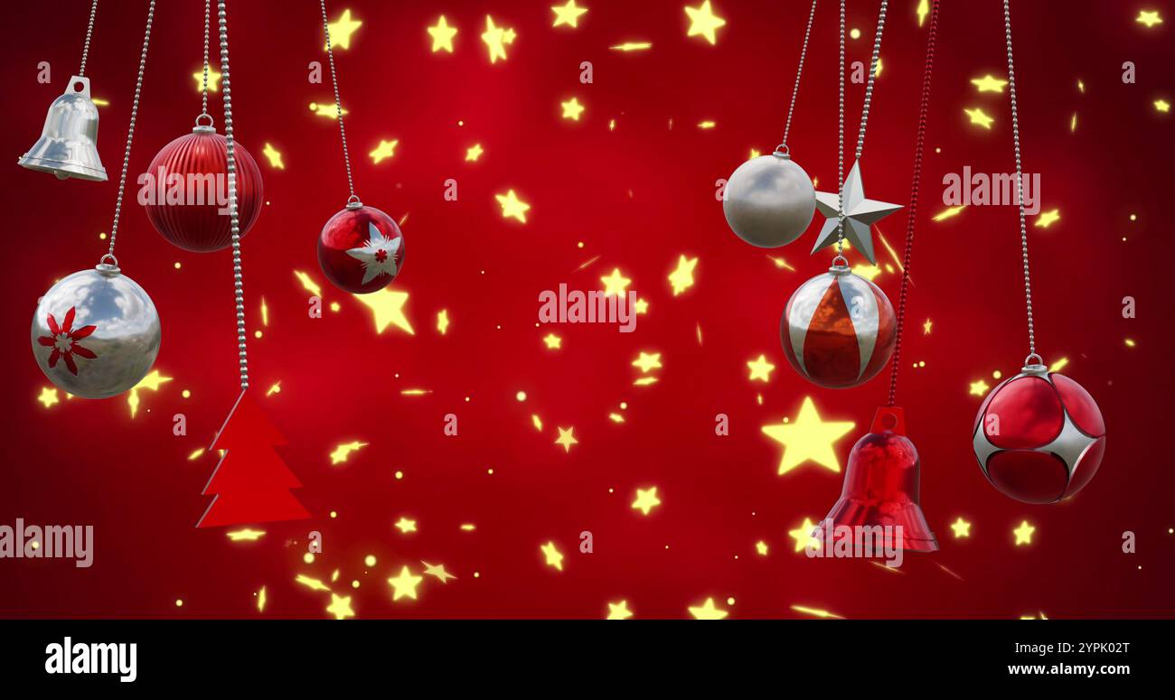 Image of christmas baubles and stars falling on red background Stock ...
