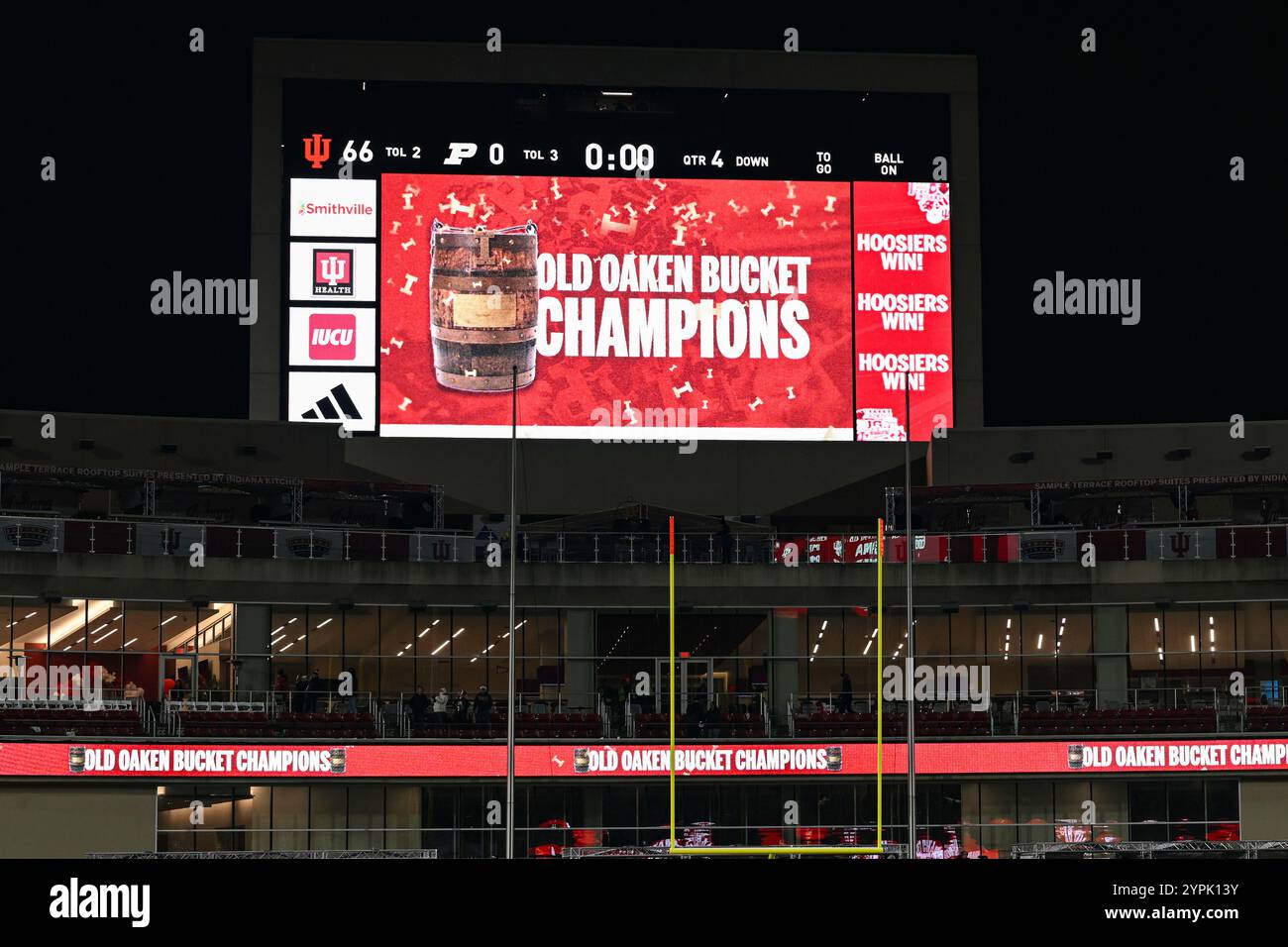 BLOOMINGTON, IN - NOVEMBER 30: The scoreboard shows an Old Oaken Bucket ...