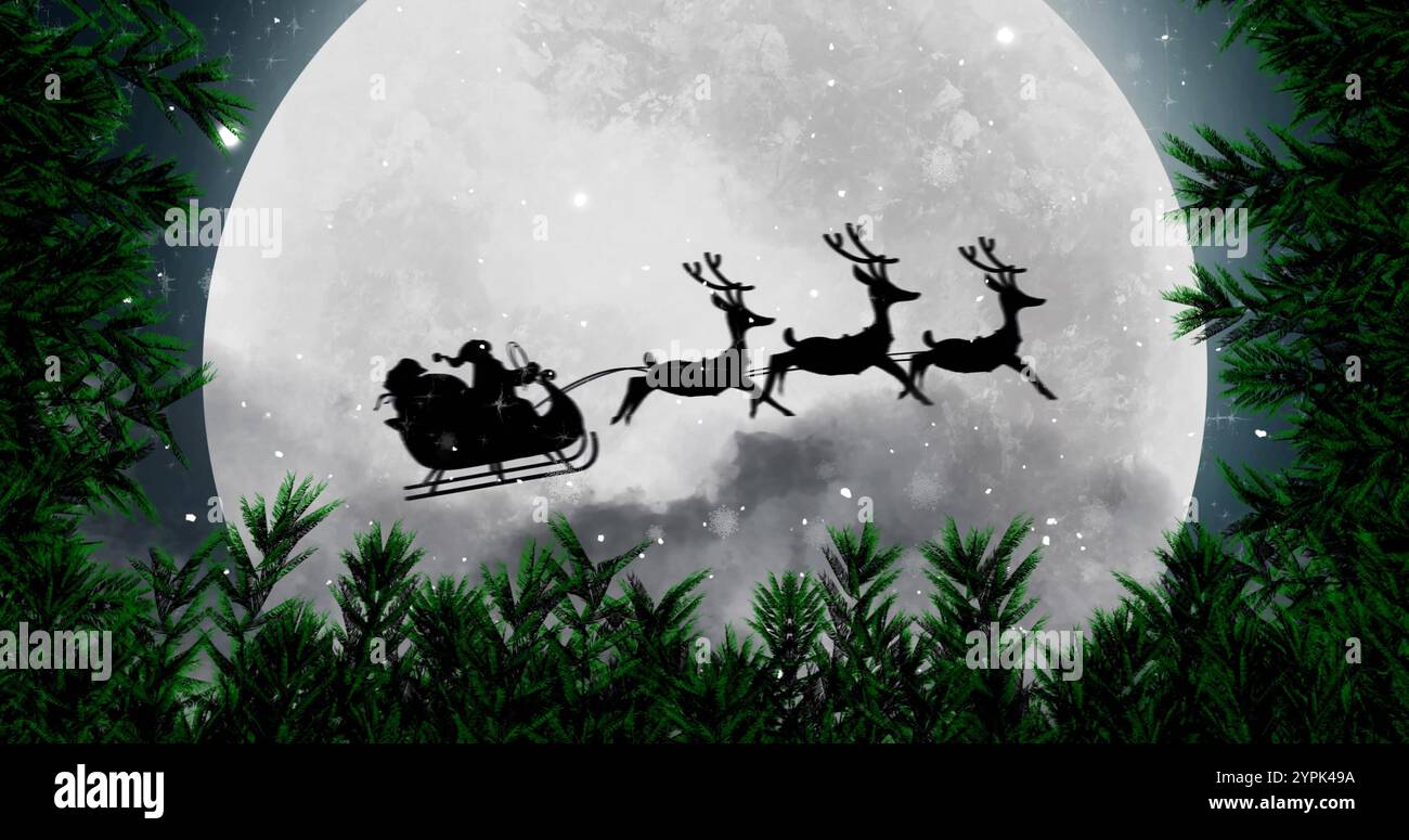 Image of snow falling over christmas santa claus in sleigh and winter ...