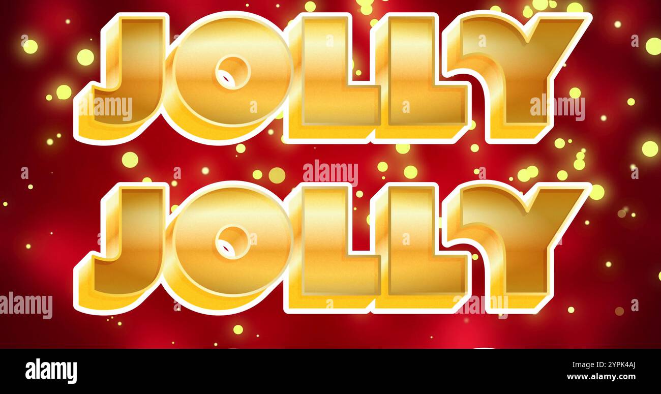 Image of jolly text over snow falling on red background. Christmas ...