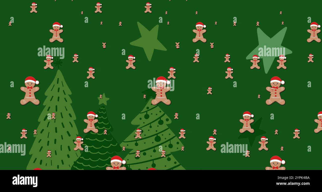 Image of snow falling over christmas ginger man decorations and winter ...