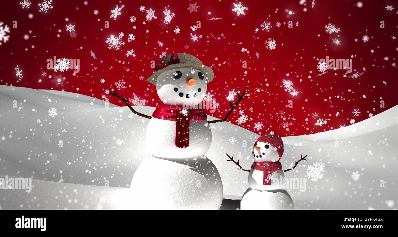 Image of snowmen over snow falling on red background Stock Photo - Alamy