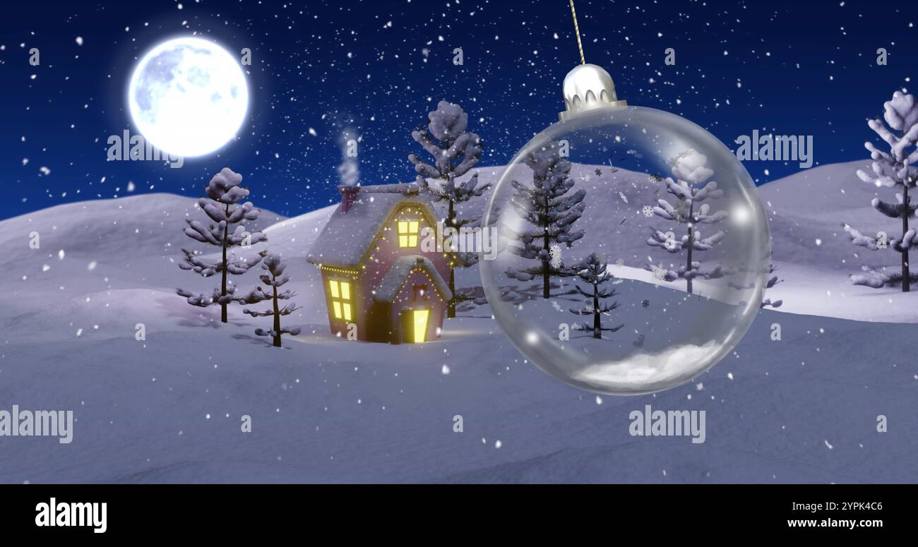 Image of winter scenery with snow globe and house over snow falling ...