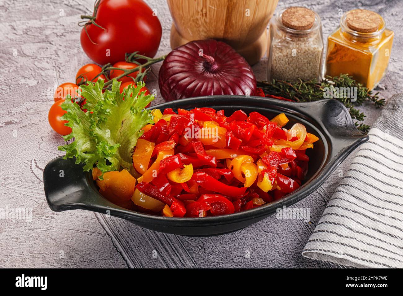 Diced raw ripe bell red and yellow pepper Stock Photo - Alamy