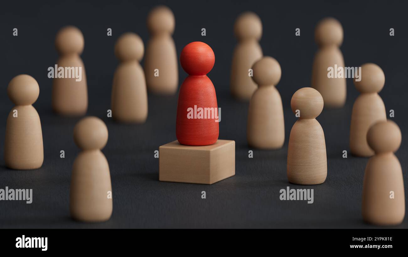 Wooden person model among people, Leadership concept.3D rendering on ...