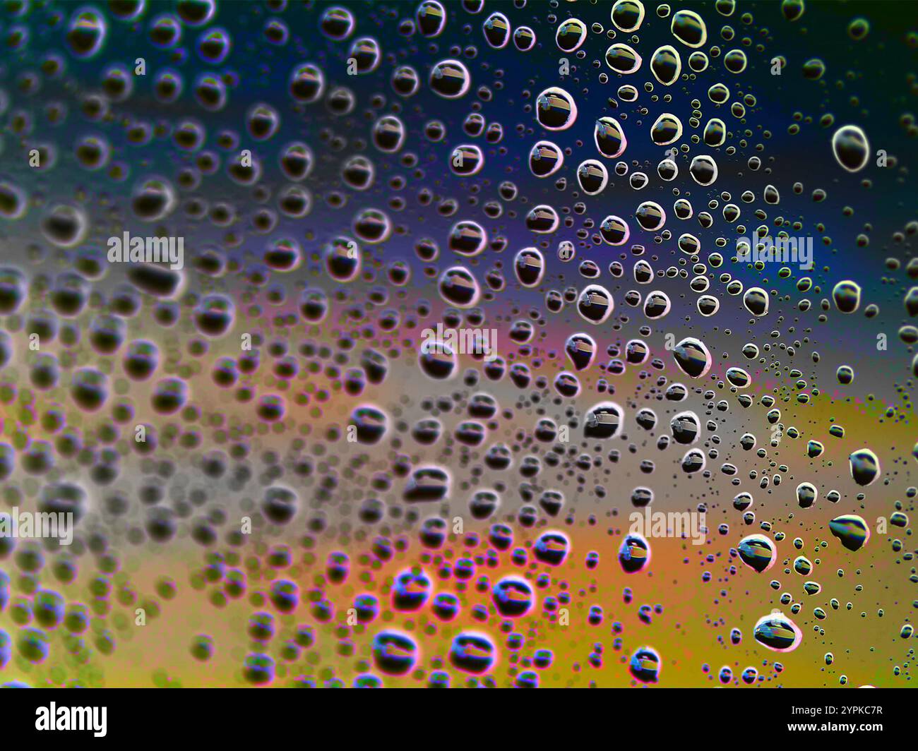 Colourful rainy window glass with macro raindrops. Abstract rainy drops ...