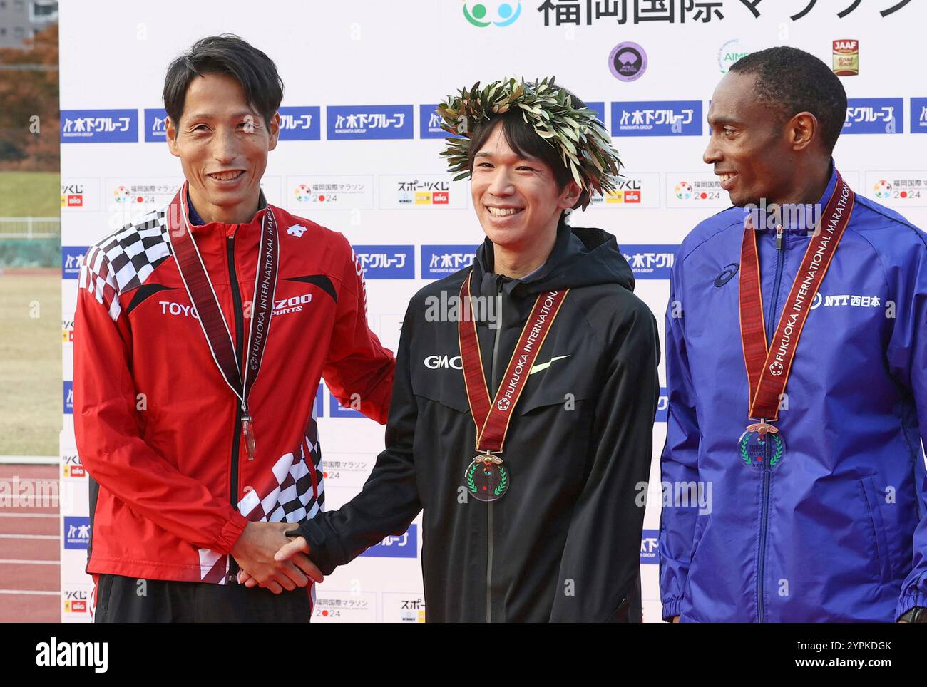 NISHIYAMA Yusuke, silver, YOSHIDA Yuya, gold, and WAMBUI Patrick Mathenge, bronze, attend an ...
