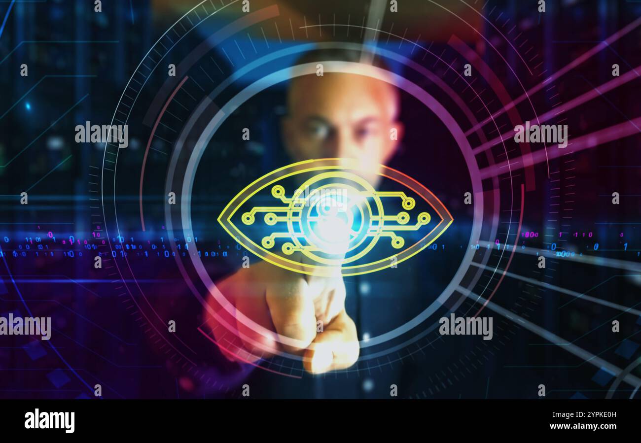 Cyber eye spying and security control symbol digital abstract 3d ...
