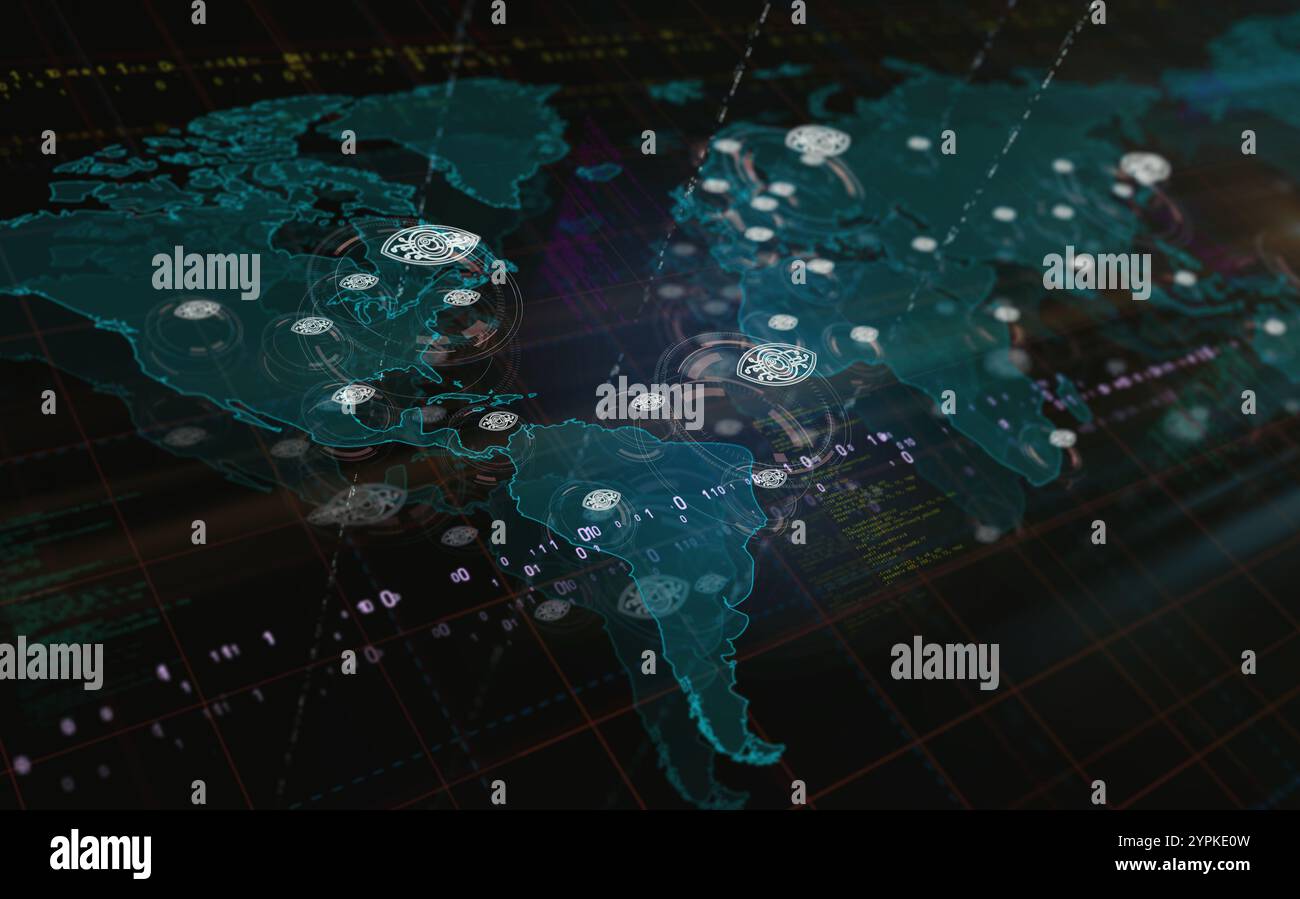 Cyber eye spying and security control symbols over world map technology ...