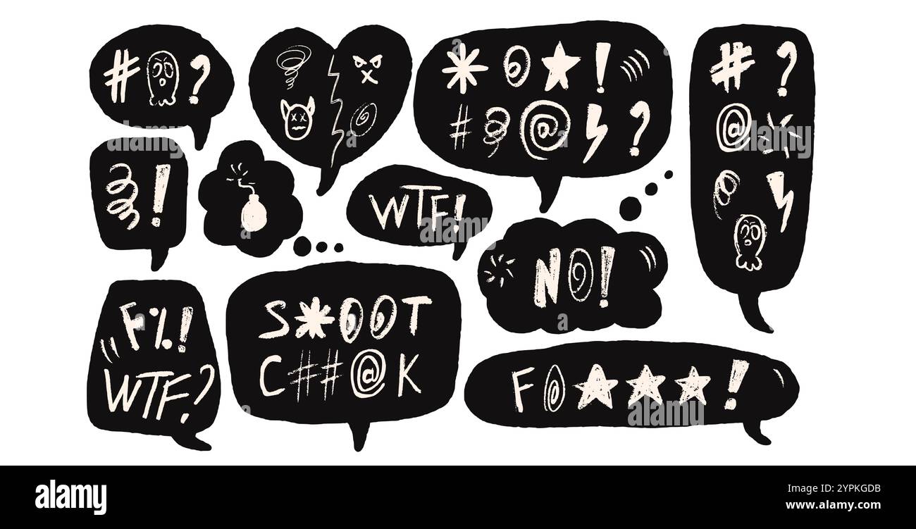 Speech bubbles with swear words. Curse crayon doodle text. Strong ...