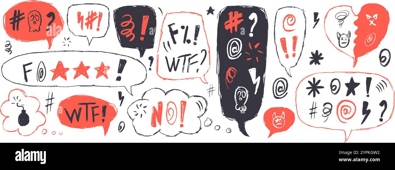 Negative emotion. Speech bubbles with swear words. Curse comic crayon ...