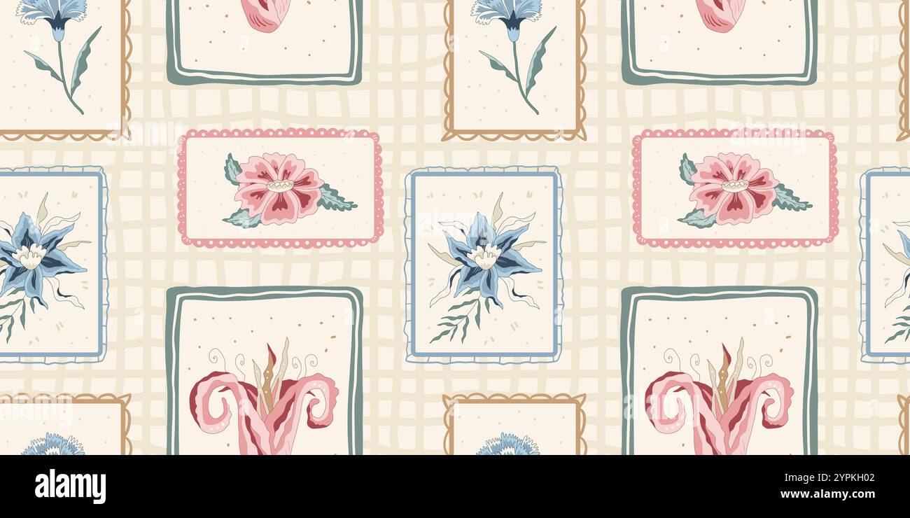 Indian chintz plaid seamless pattern. Farmhouse Modern flower in retro ...