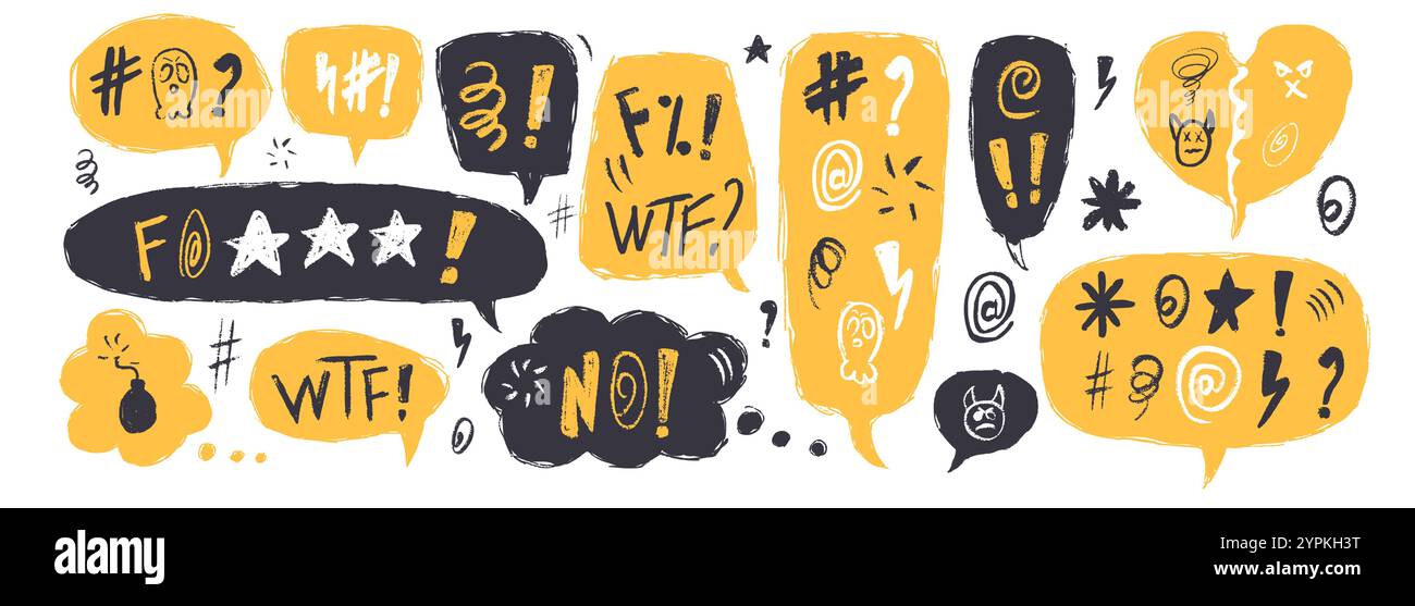 Negative emotion. Speech bubbles with swear words. Curse crayon doodle ...