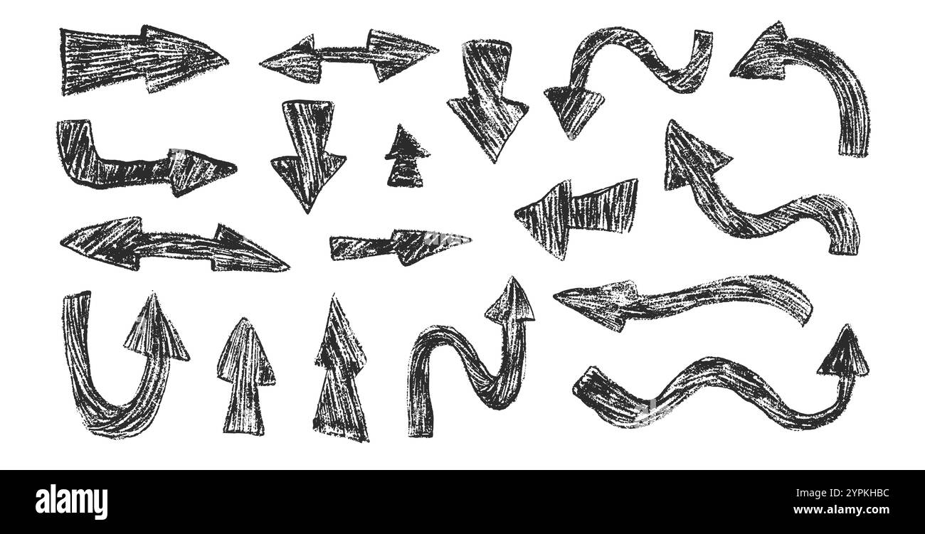 Arrow set crayon drawing. Chalk handwritten symbols. Pointers by pencil ...