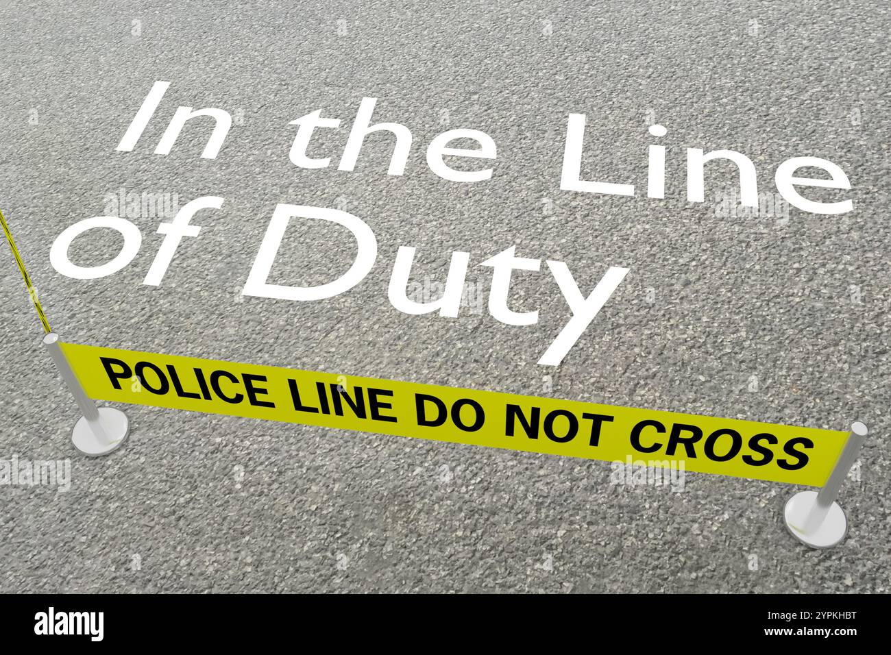 3D illustration of In the Line of Duty title on the ground in a police ...