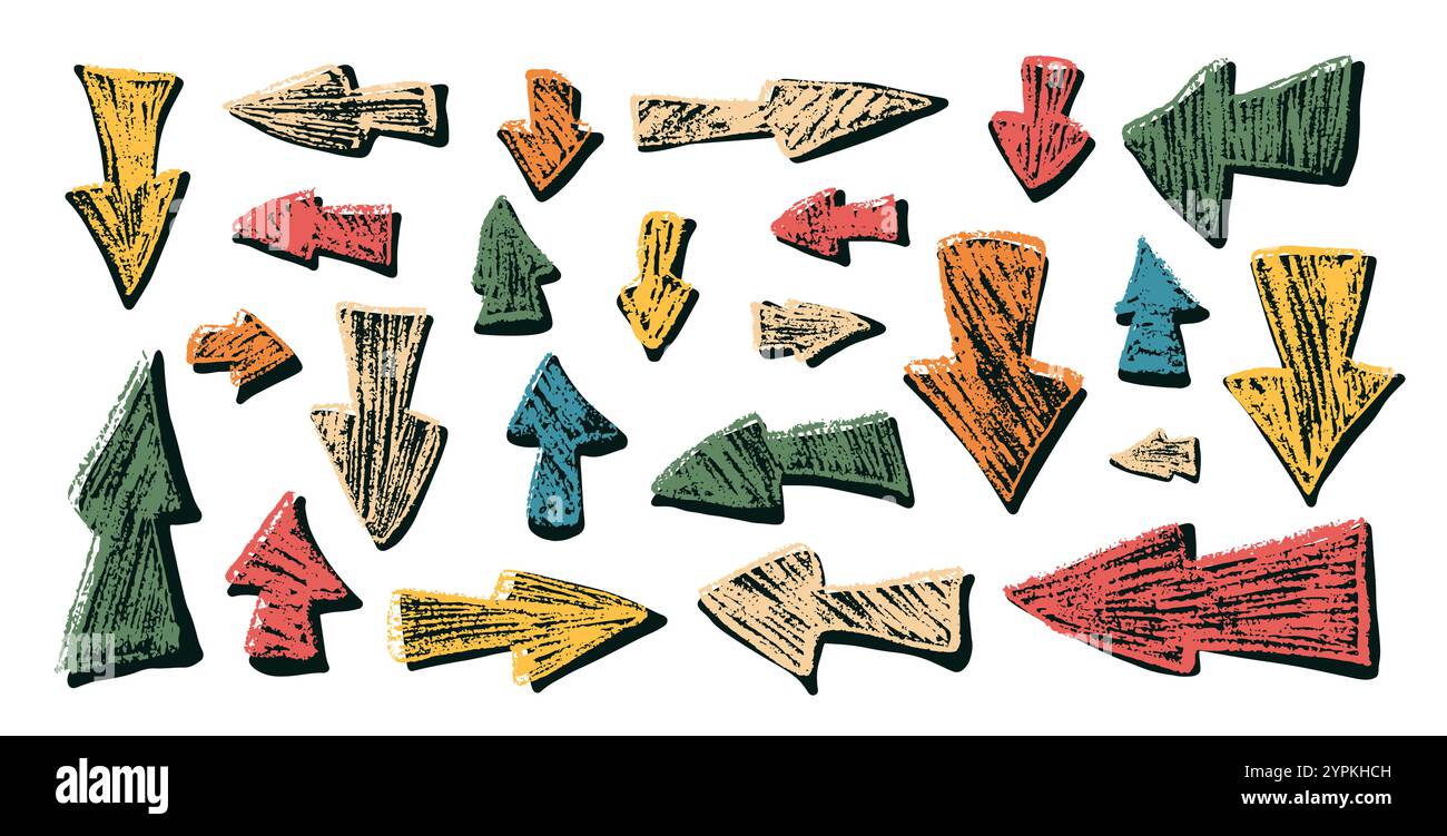 Arrow set crayon drawing. Direction pointers for game. Path marks ...