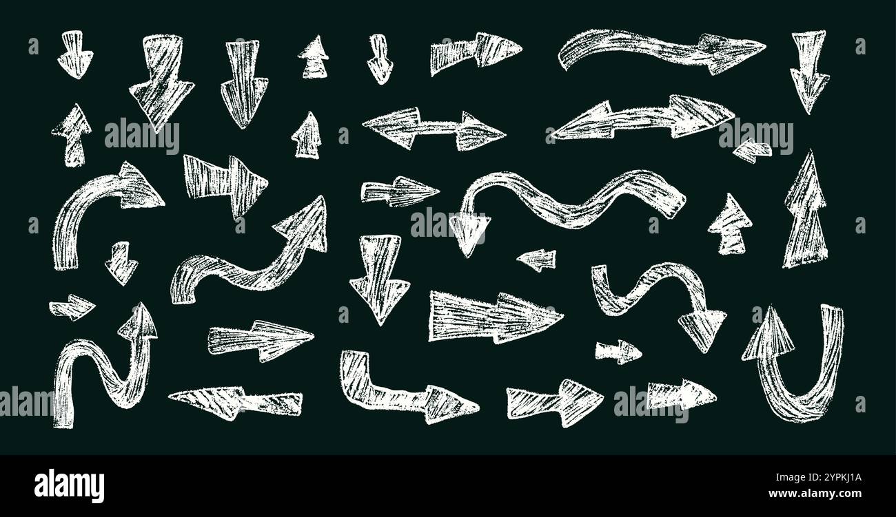 Arrows set chalk drawing. White handwritten textured symbols. Pointers ...