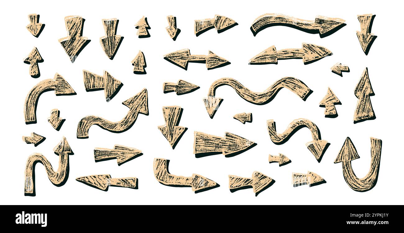 Arrows set. Crayon drawing pointers marks for collage. Vector hand ...