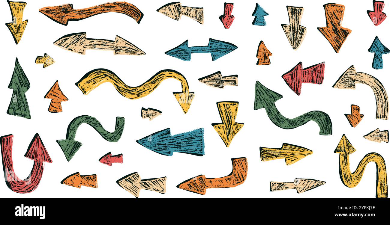Arrow set crayon drawing. Direction pointers for game. Navigation naive ...