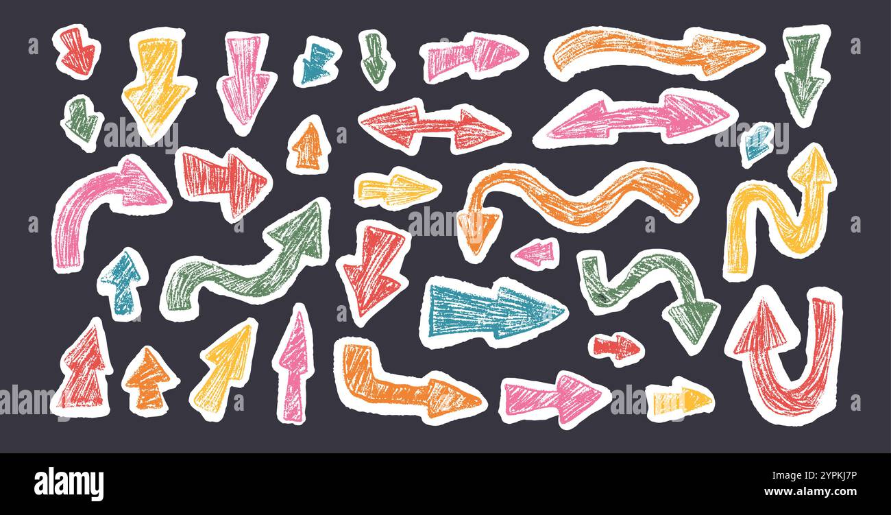 Arrow collage set crayon drawing Pointers isolated. Navigation marks ...