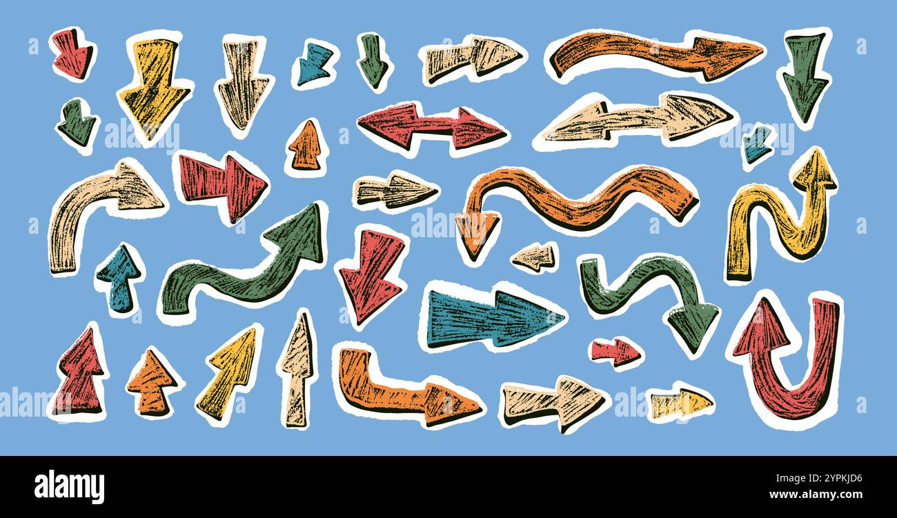 Arrow collage set crayon drawing Pointers isolated. Navigation path colorful marks. Scribble ...