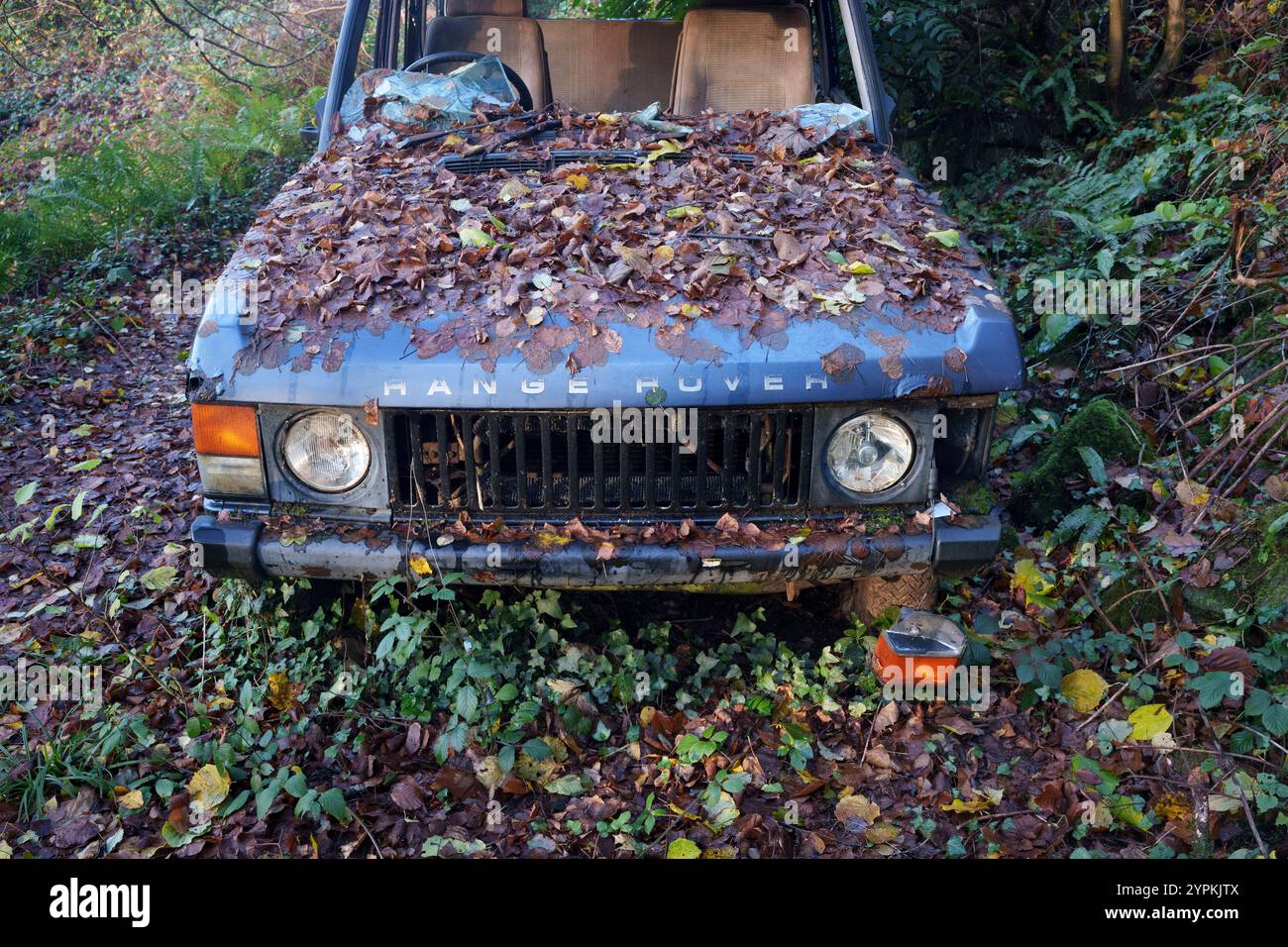 A landscape of a wrecked and abandoned Range Rover car in rural ...