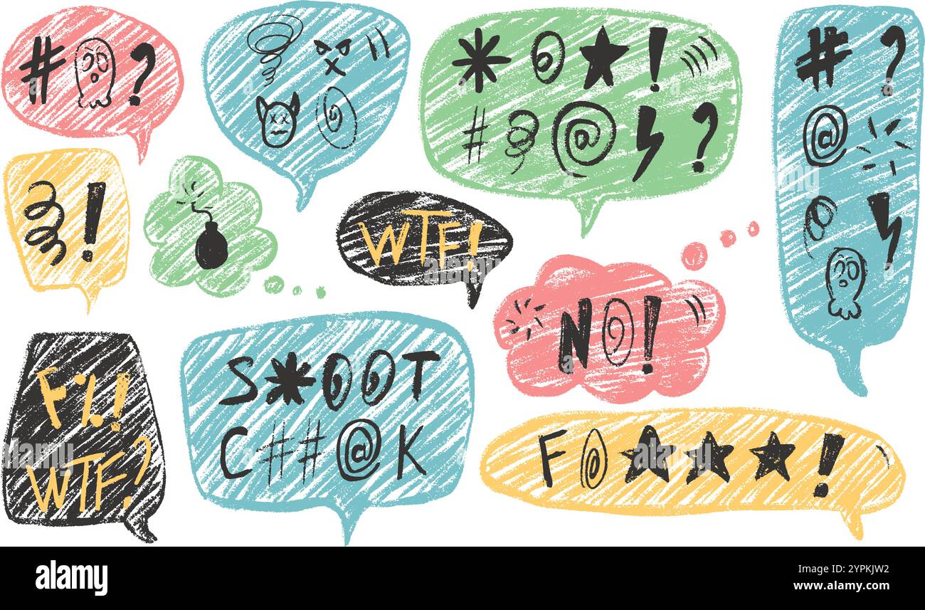 Speech bubbles with swear symbols words. Curse crayon doodle text. Bad ...