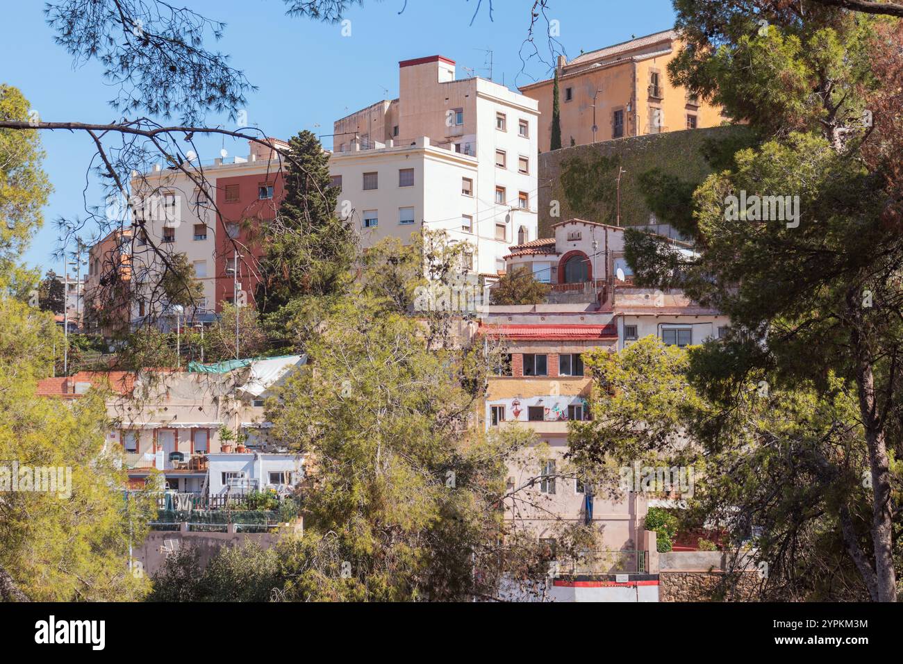 High angle view of houses facades in Barcelona (Carrer de Pau Ferran ...