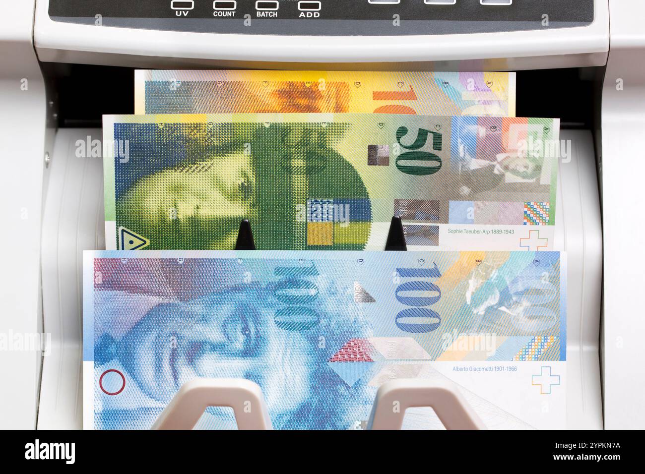 Swiss money - franc in the counting machine Stock Photo - Alamy