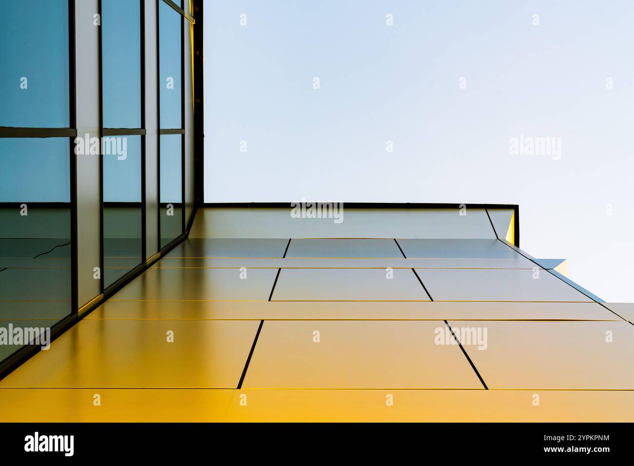 Minimalist Architecture with Golden Wall Panels and Reflective Glass ...
