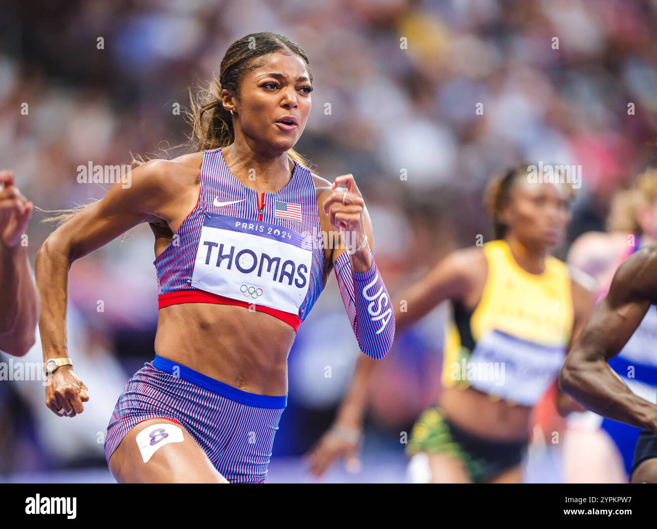 Gabrielle Thomas participating in the 200 meters at the Paris 2024 ...