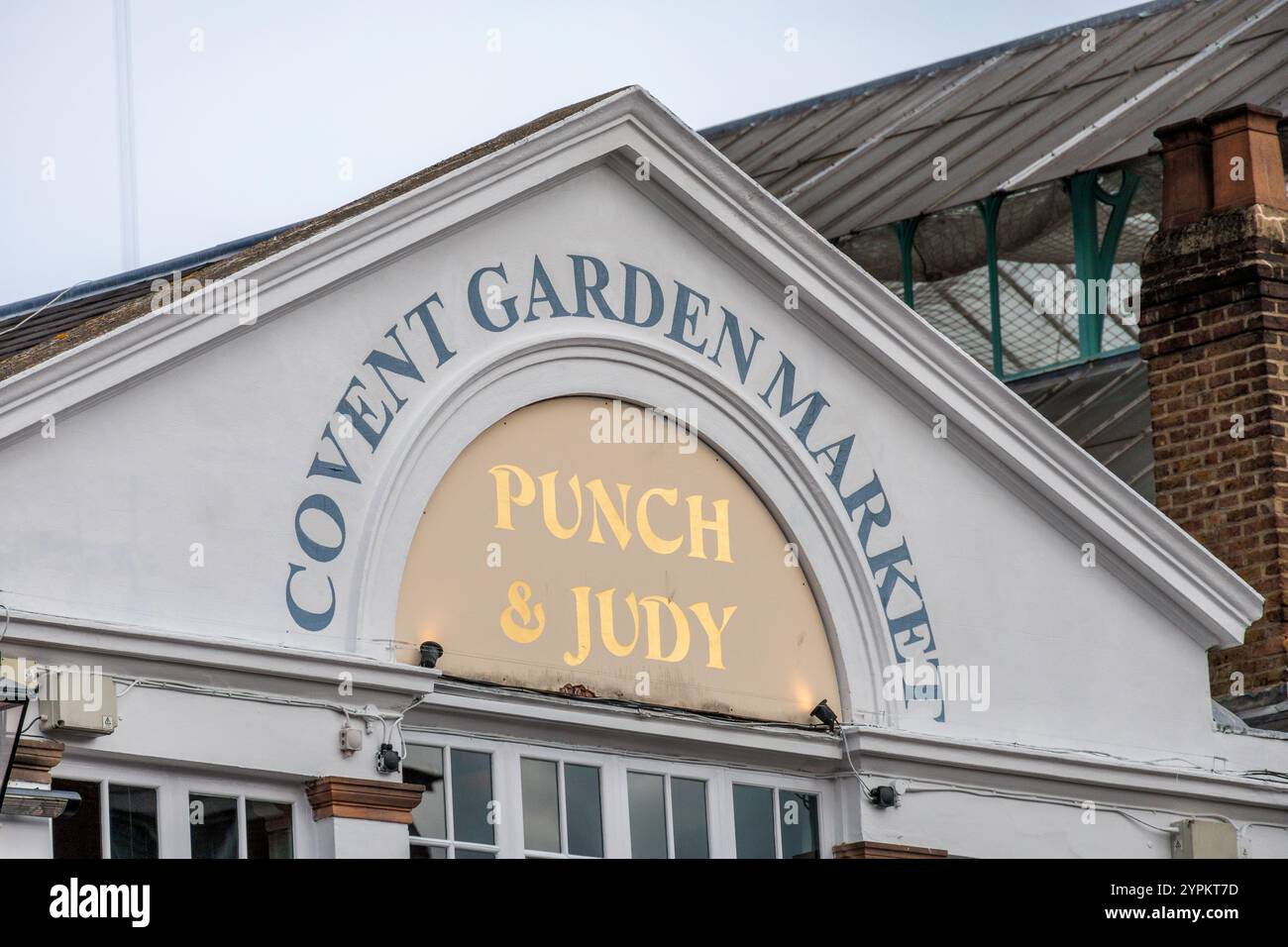 Illuminated 'Punch & Judy' sign at Covent Garden Market, London ...