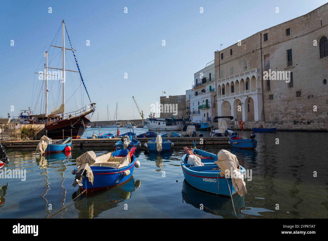 Traditional red and blue fishing boats in port near Castle of Carlo V ...