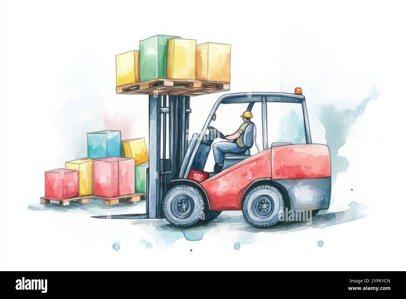 A watercolor illustration featuring a forklift operator lifting a ...
