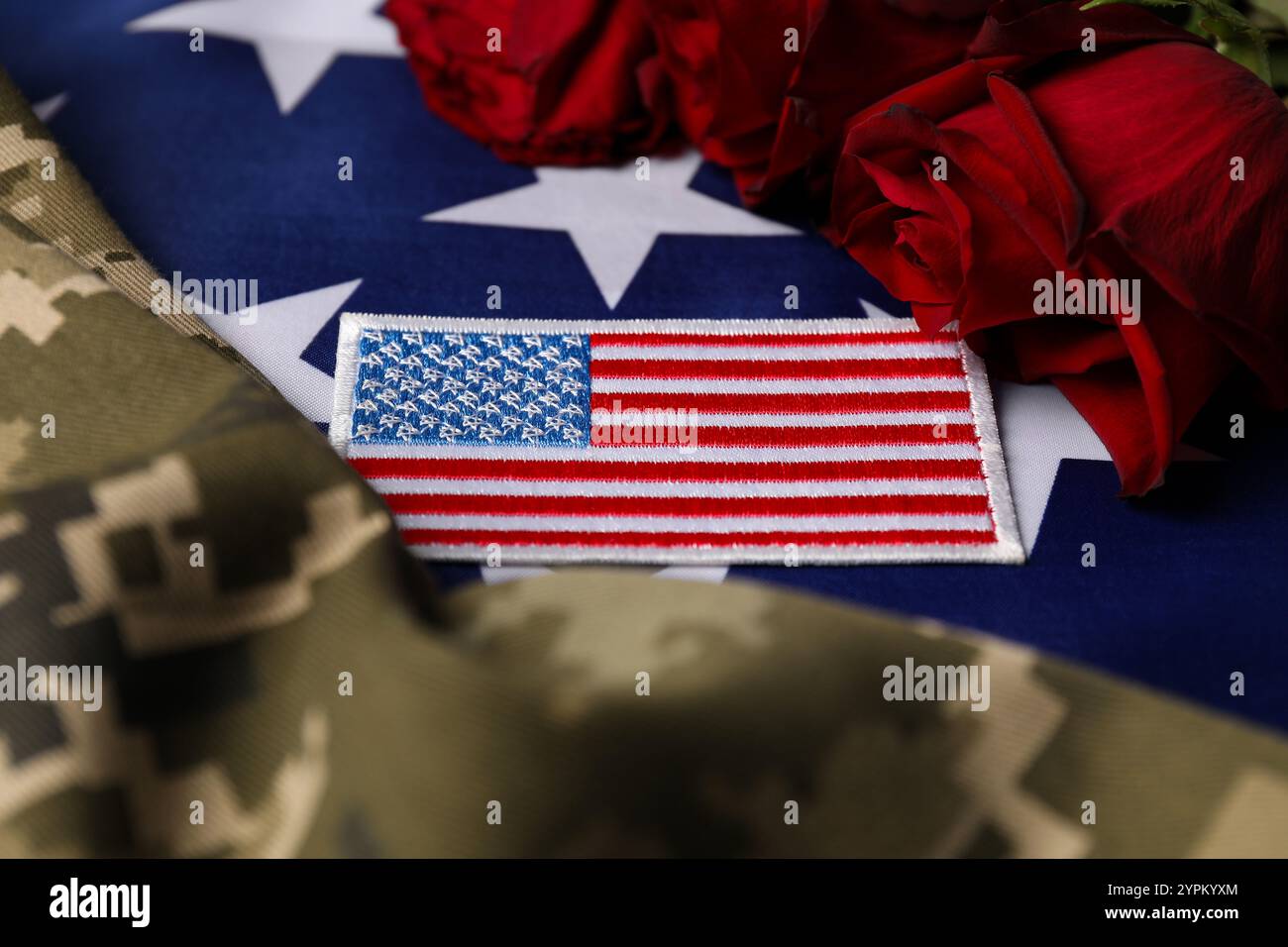 Veterans day. USA army patch, rose flowers and military uniform on ...