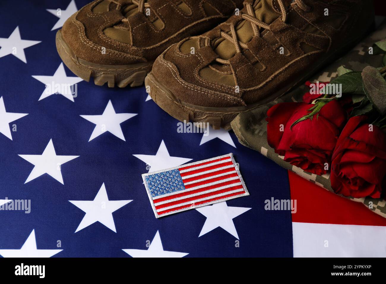 Veterans day. USA army patch, American flag, roses and military uniform ...