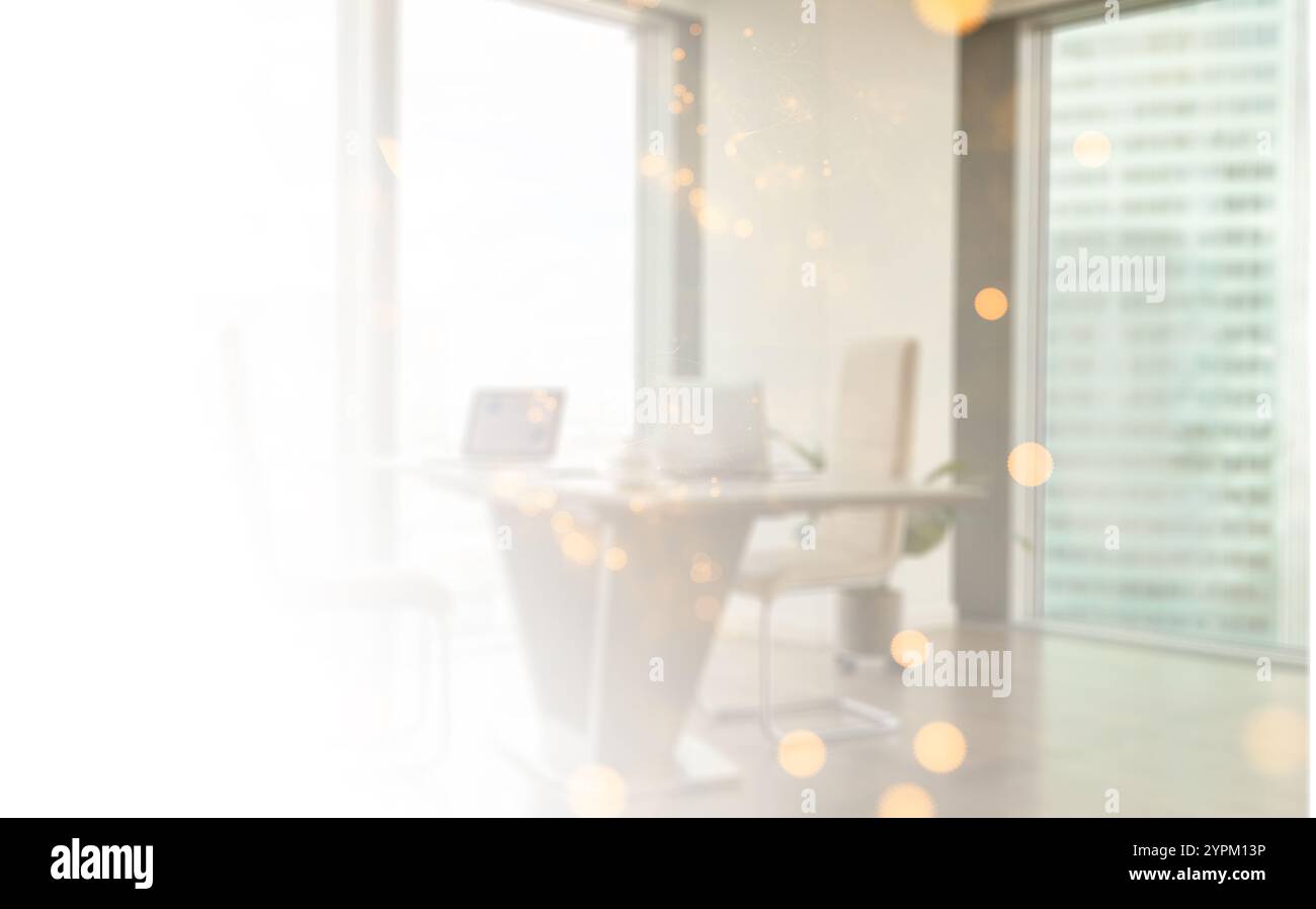 Blur background of office interior with large windows with city urban ...