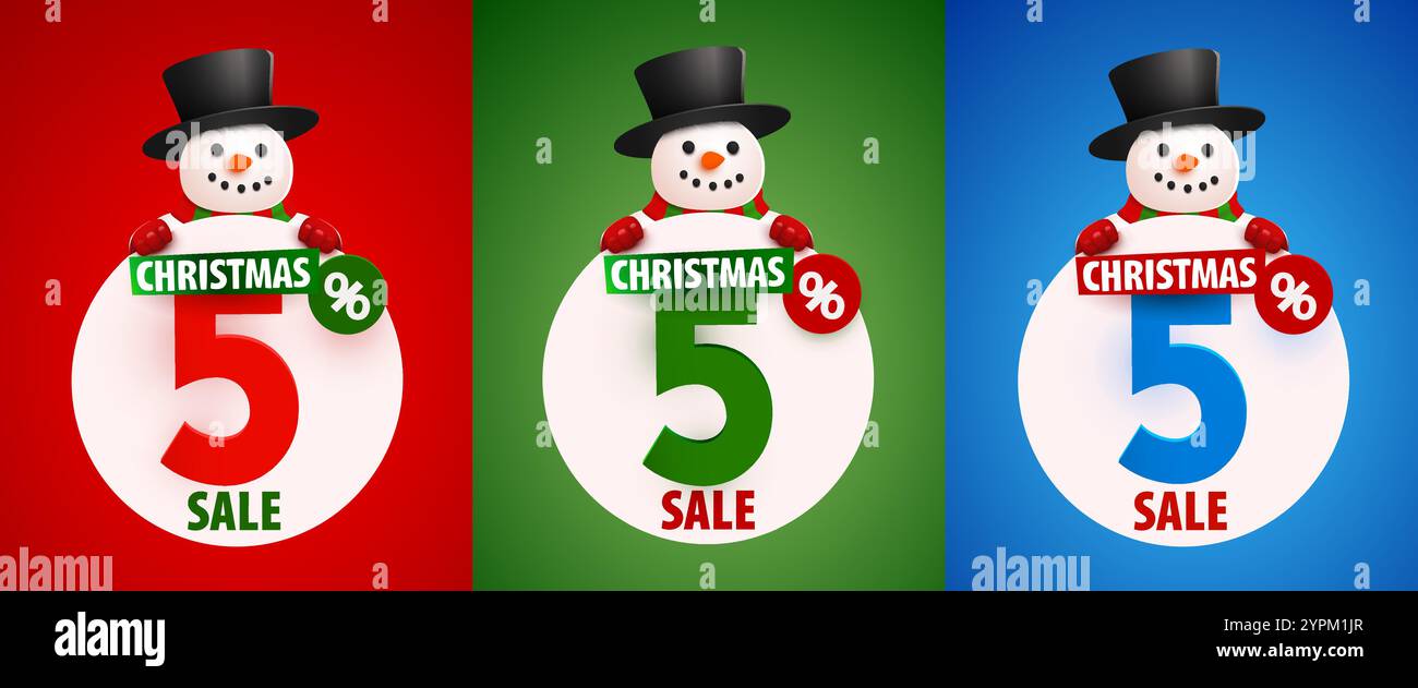 5 percent Off. Discount creative composition with snowman in hat. Merry ...