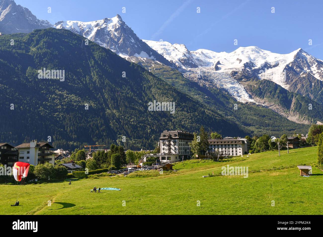Elevated view of the Savoy landing point for paragliding, with the Mont ...