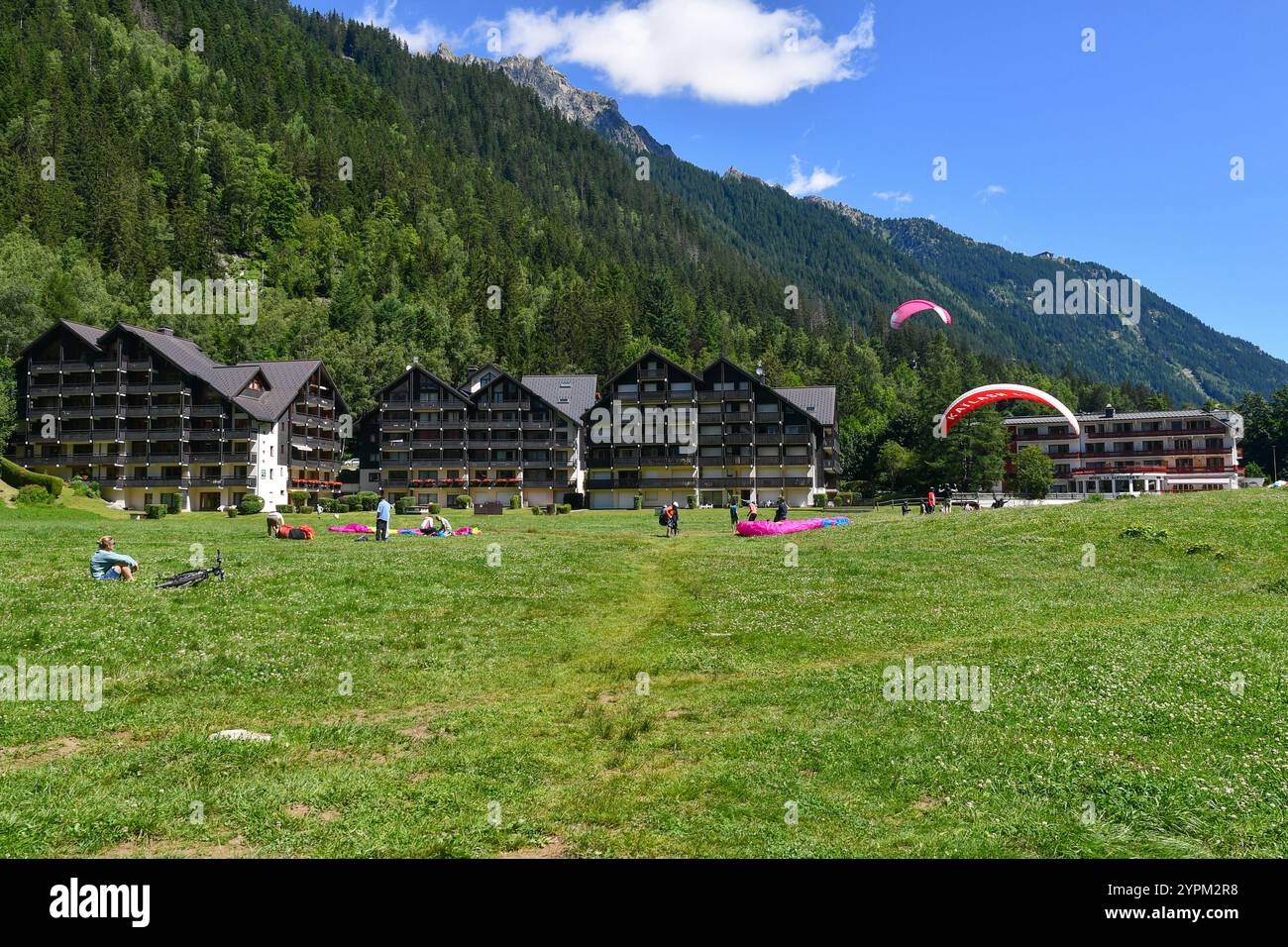 View of a paragliding landing spot at the foot of the Aiguilles Rouges ...