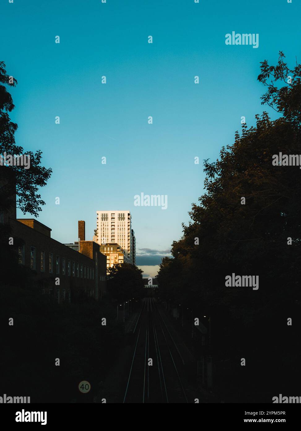 Modern High-Rise Building Illuminated by Sunset Over a Railway and Tree ...