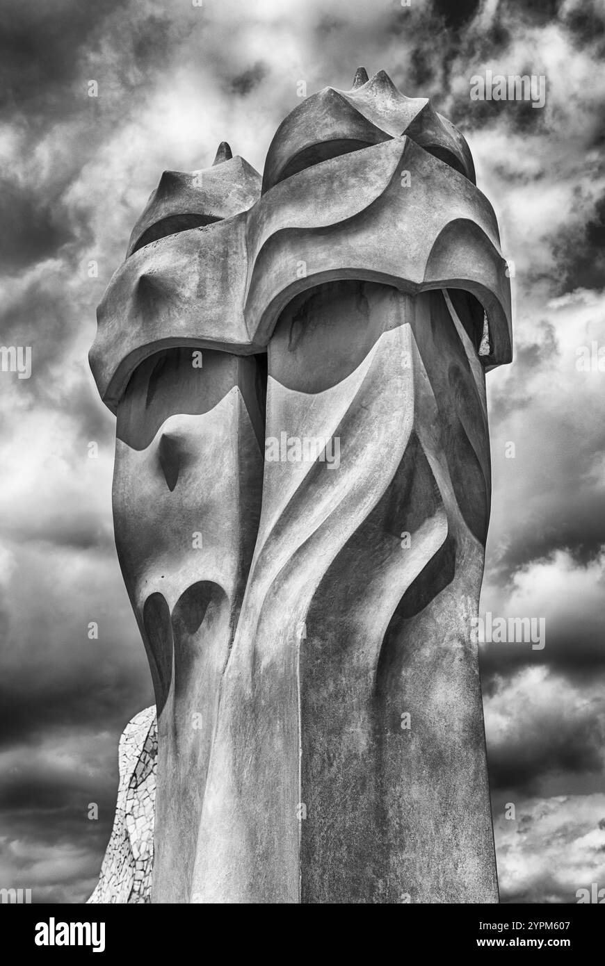 BARCELONA - AUGUST 9: Iconic chimneys, aka witch scarers, at the modernist Casa Mila, aka La ...